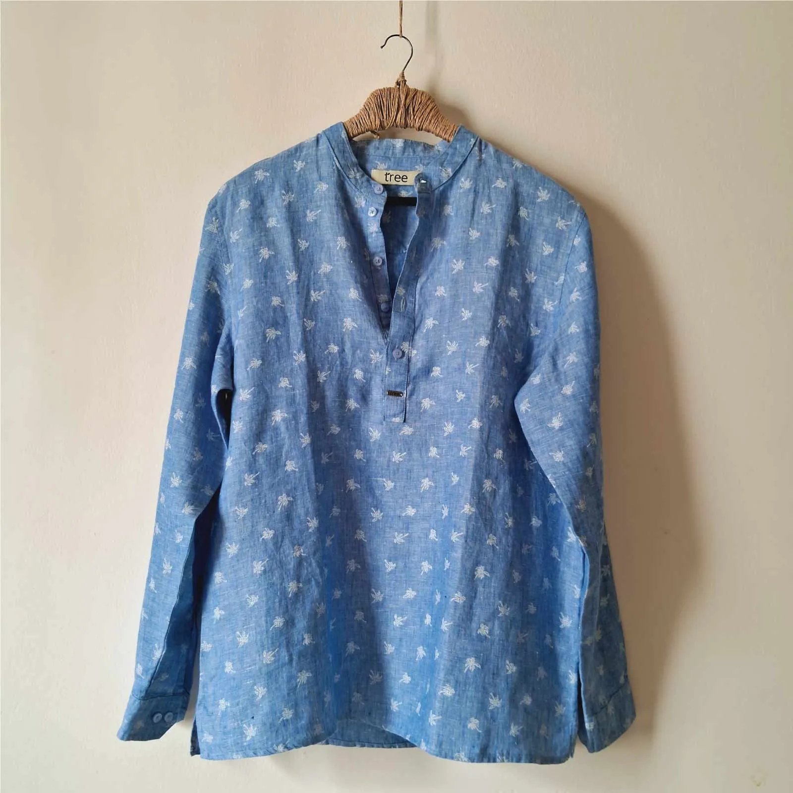 Sky Blue Print Premium Linen Henley Shirt | Your Store Name